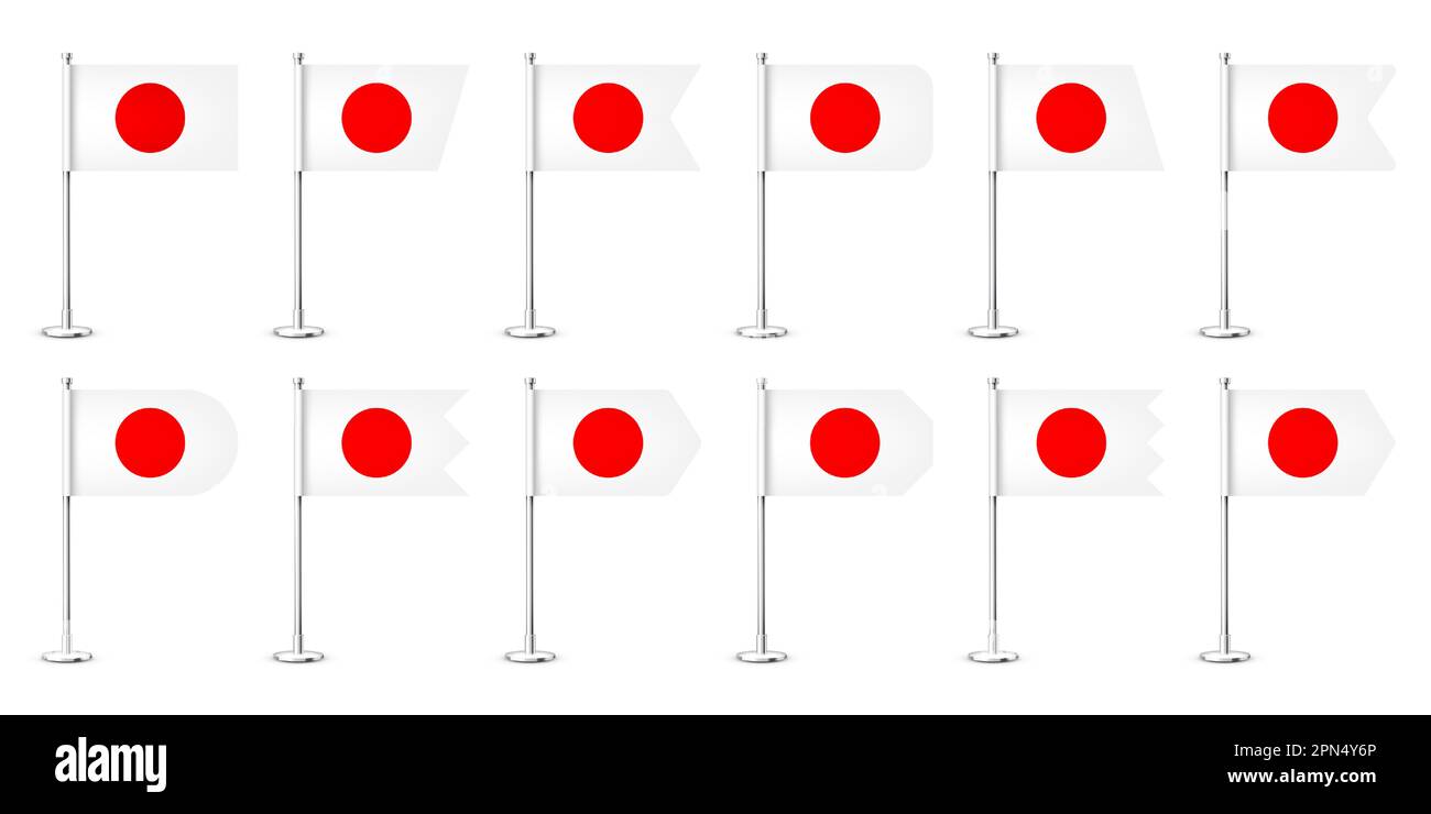 Realistic various Japanese table flags on a chrome steel pole. Souvenir ...
