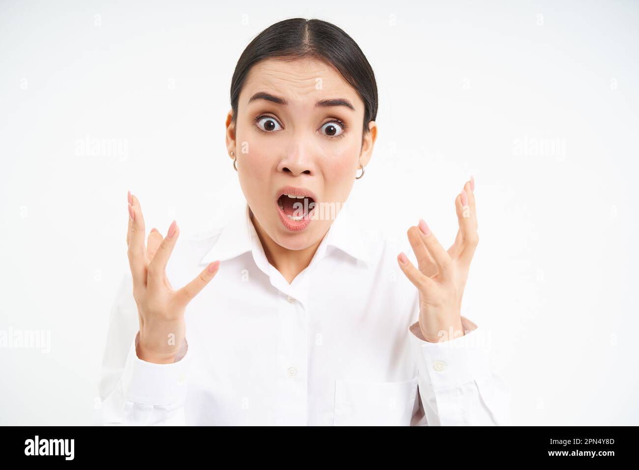 Angry office lady, asian businesswoman screams and clenches fists from ...