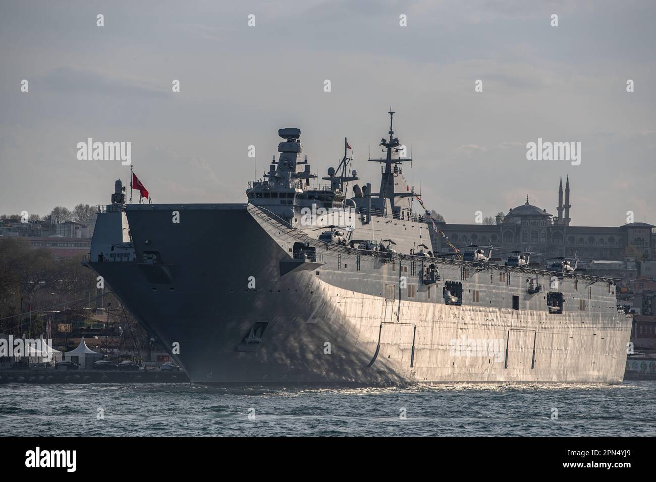 Istanbul, Turkey. 16th Apr, 2023. Turkey's largest warship TCG Anadolu was seen docked at ...