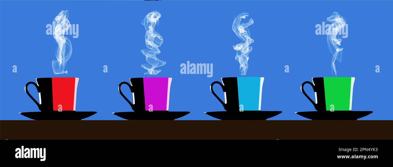 Four cups of coffee are seen lined up on saucers and steaming Stock ...