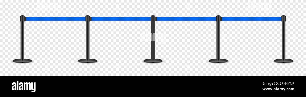 Realistic blue retractable belt stanchion. Crowd control barrier posts ...