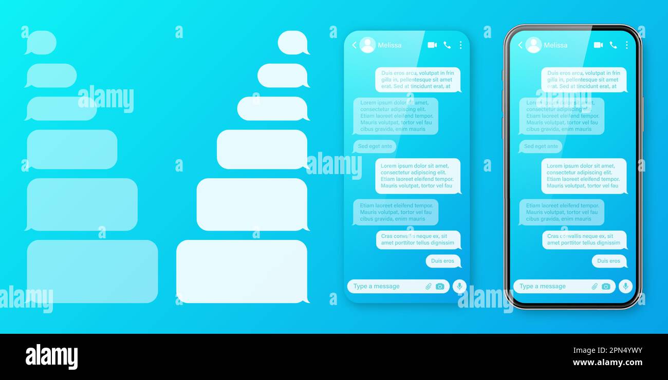 Realistic smartphone with messaging app on colorful blue background ...
