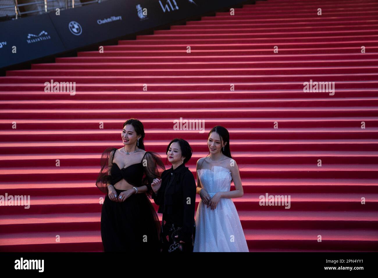From left, actors Xenia Chong, Gloria Yip and Kiki Cheung arrive on the ...