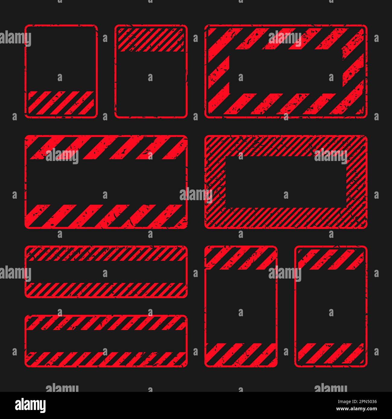 Various red grunge warning signs with diagonal lines. Old attention ...