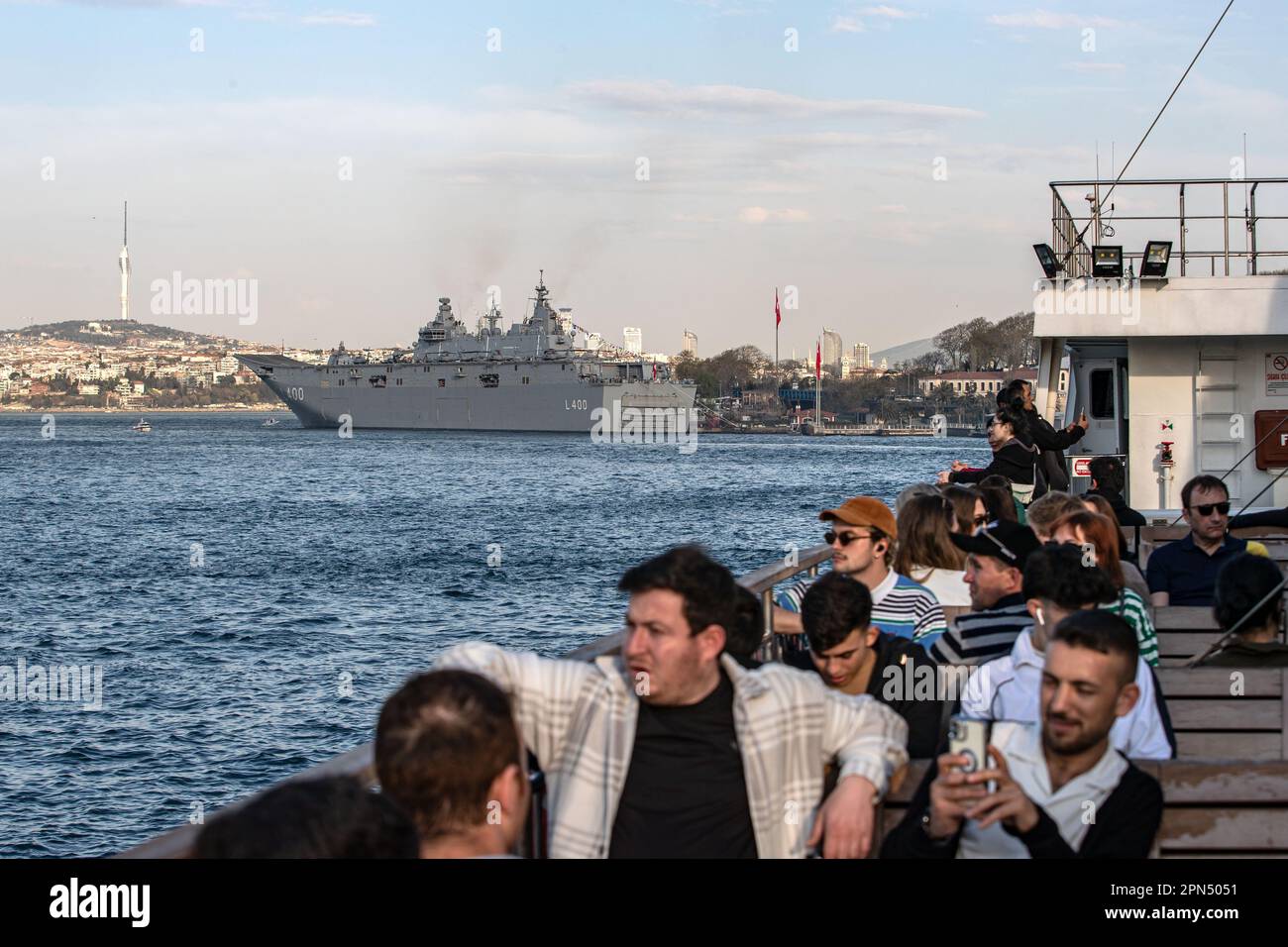 Istanbul, Turkey. 16th Apr, 2023. While the city lines ferry was underway, the passengers ...