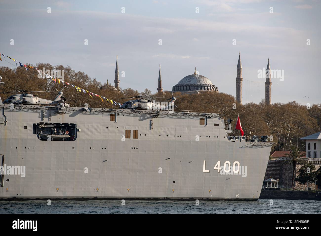 Istanbul, Turkey. 16th Apr, 2023. Helicopters standing on the deck of Turkey's largest warship ...