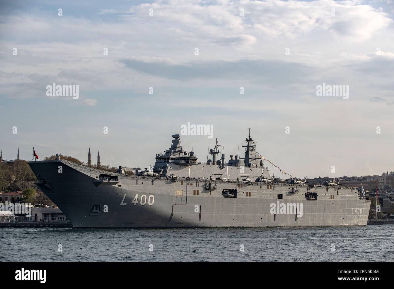 Istanbul, Turkey. 16th Apr, 2023. Turkey's largest warship TCG Anadolu was seen docked at ...
