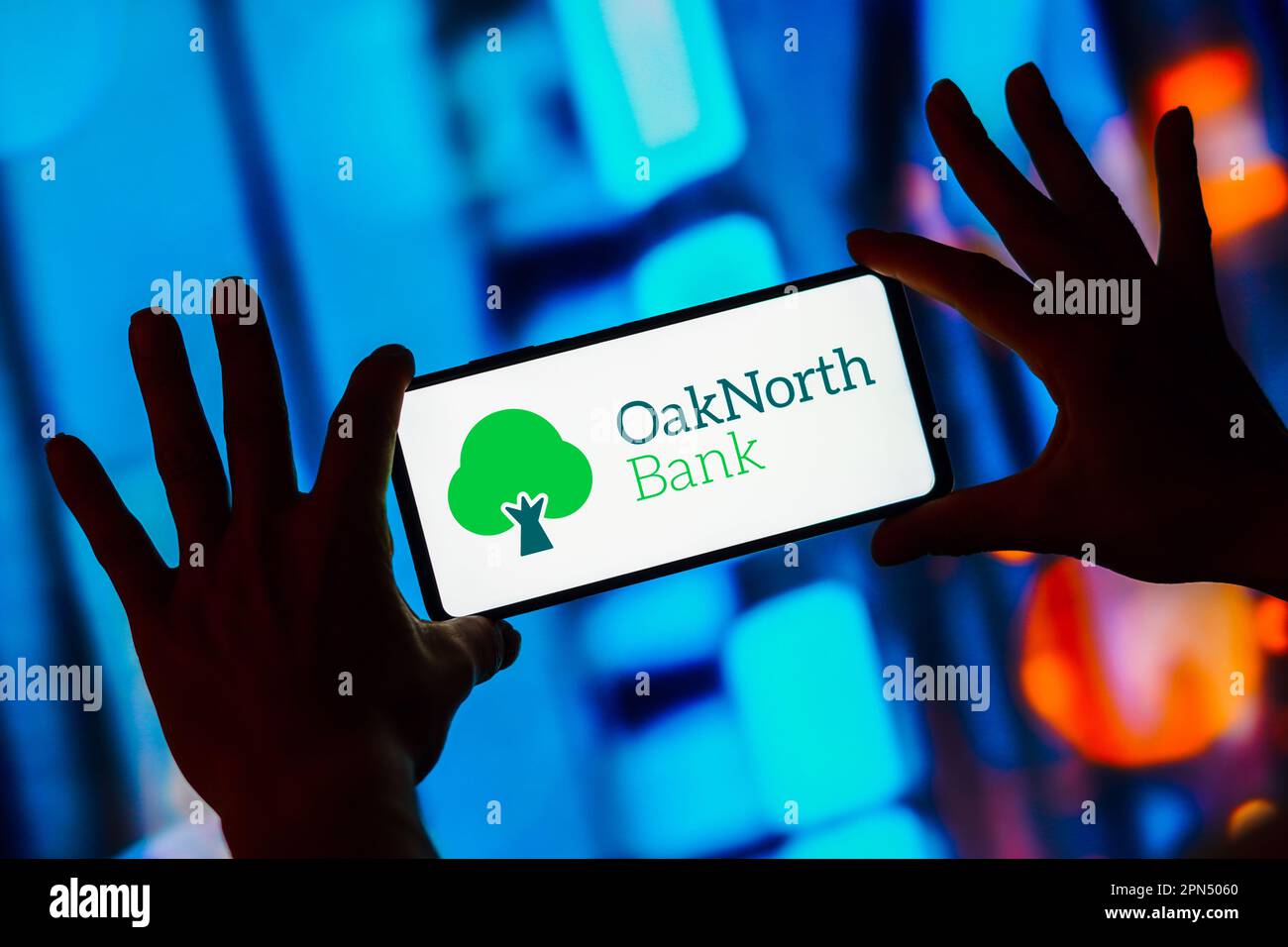 In this photo illustration, the OakNorth Bank logo is displayed on a ...