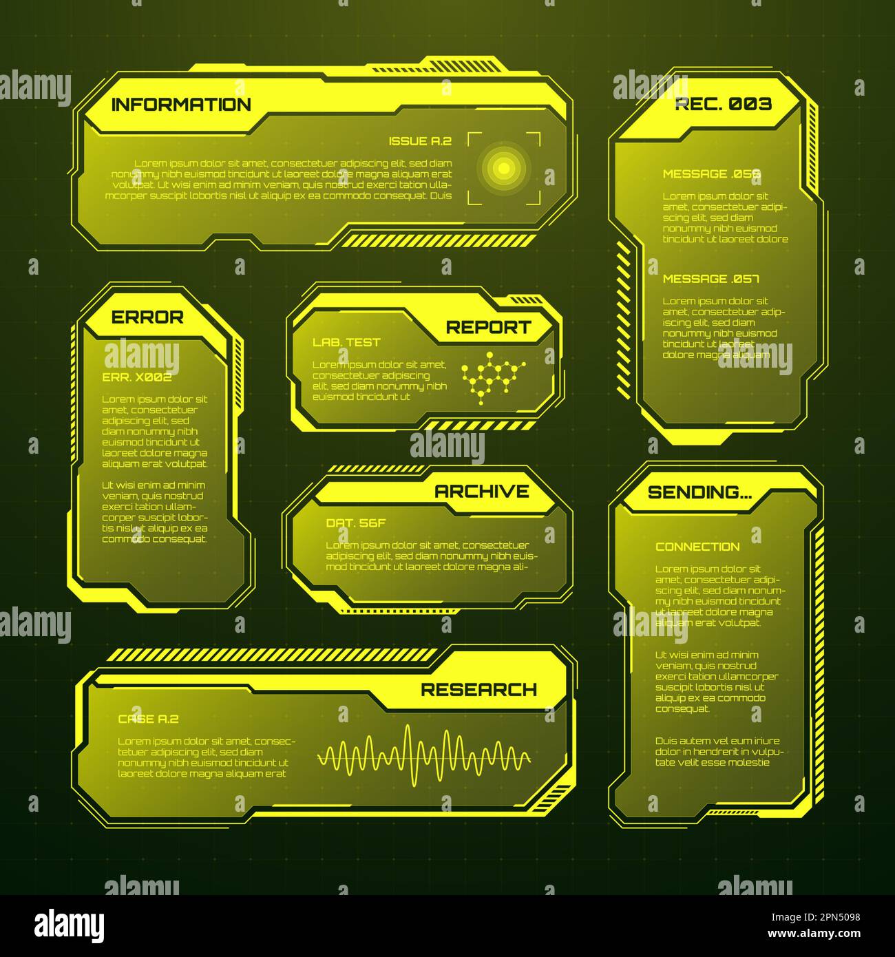 Yellow futuristic HUD, UI elements. Sci-fi user interface text boxes, callouts. Warning message ...