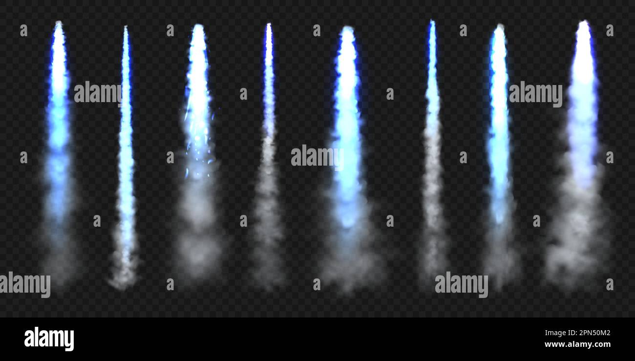 Realistic blue space rocket trails. Festive fireworks launch. Fire ...
