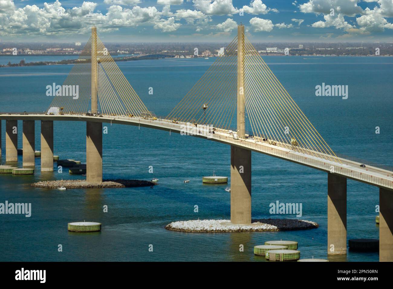 Aerial view of Sunshine Skyway Bridge over Tampa Bay in Florida with ...