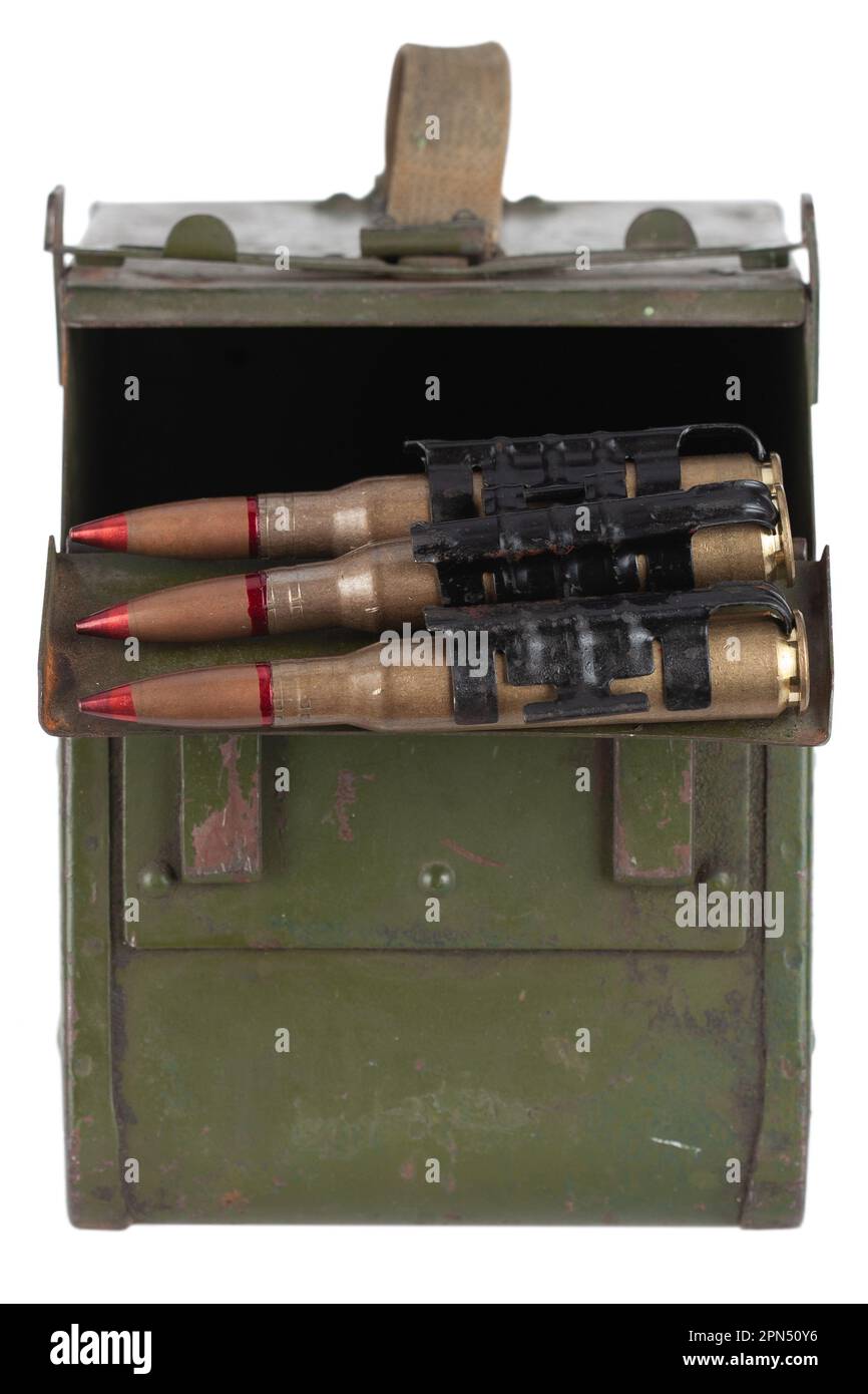 Ammo box with ammunition belt and 12.7mm cartridges for heavy machine ...