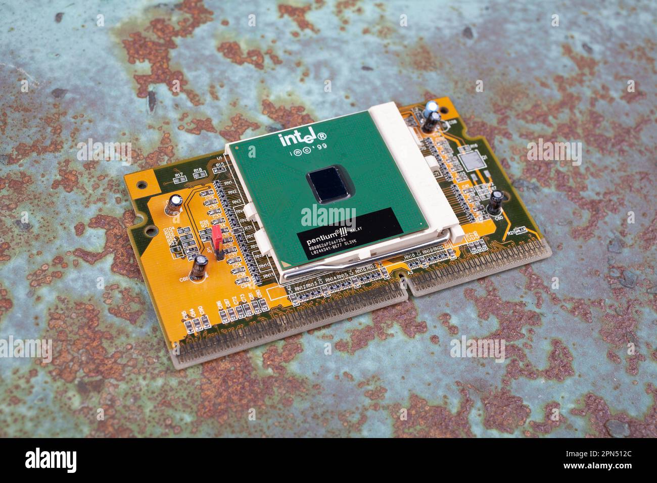 KYIV, UKRAINE - April 22, 2020. Intel Pentium III processor unit on ...