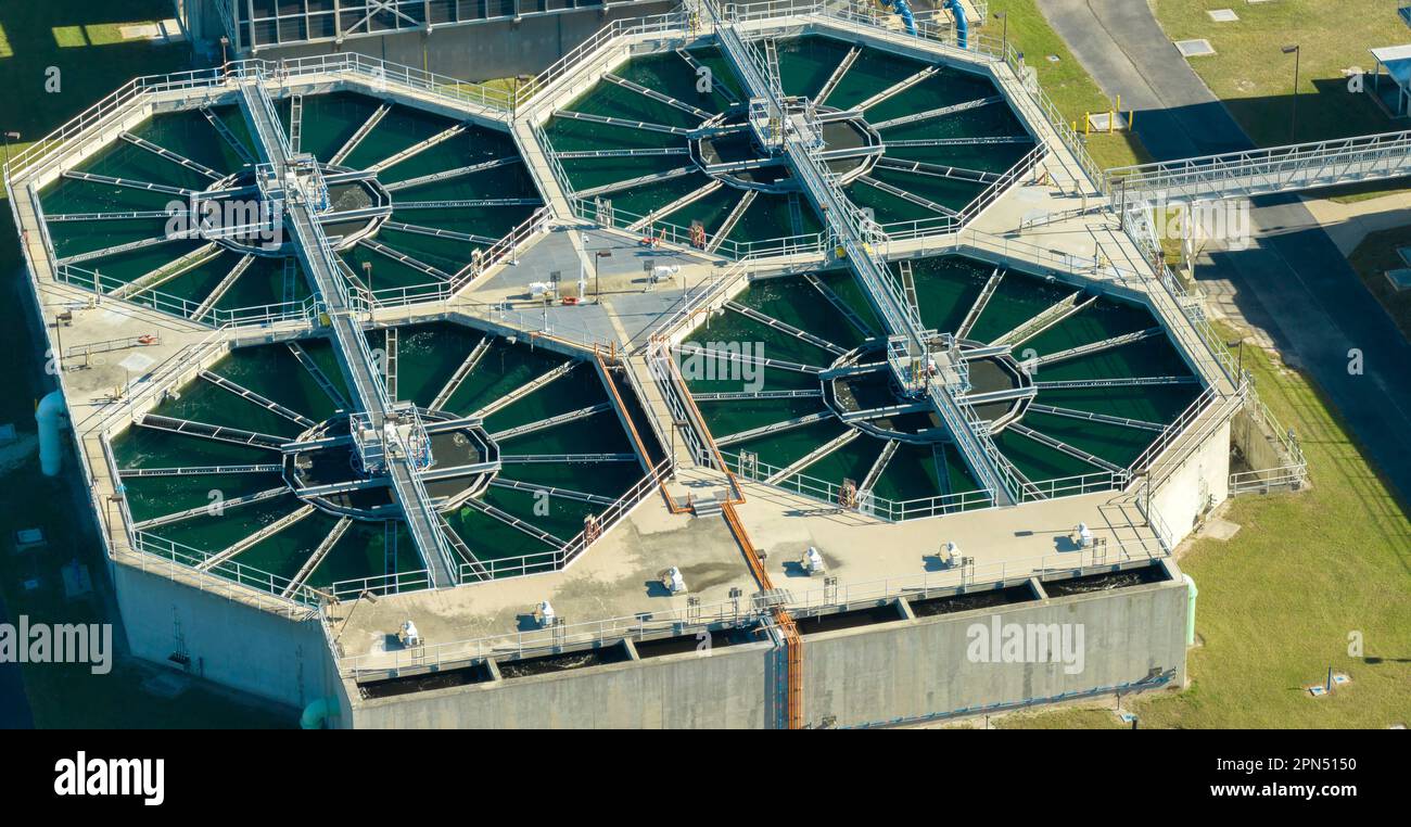 Aerial view of water treatment factory at city wastewater cleaning ...