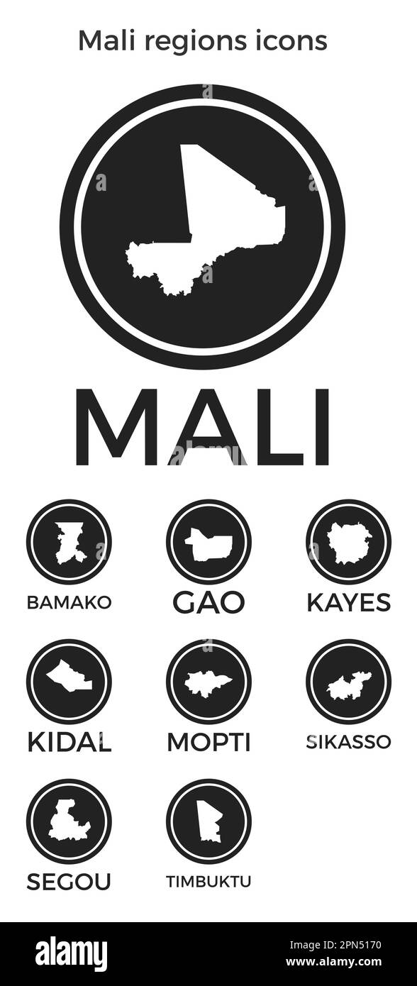 Mali regions icons. Black round logos with country regions maps and ...