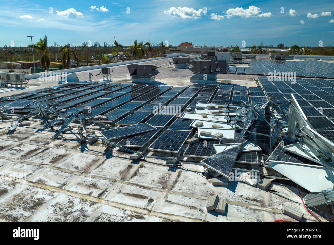 Broken down photovoltaic solar panels destroyed by hurricane Ian winds ...