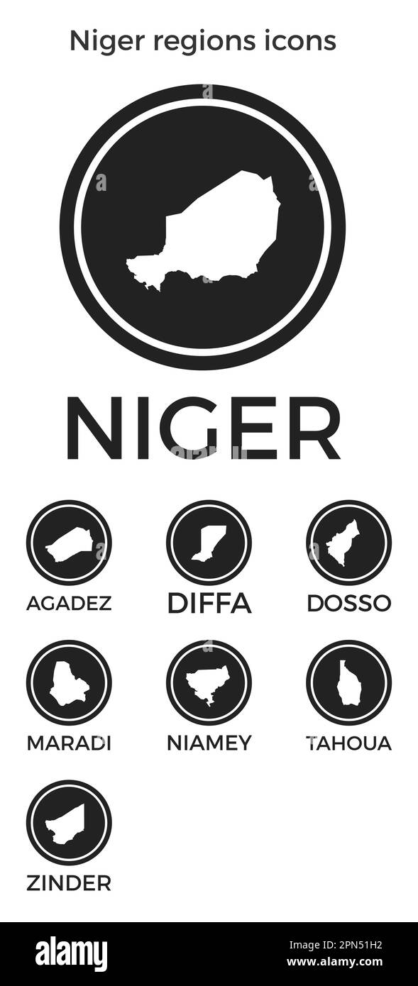 Niger regions icons. Black round logos with country regions maps and ... Niger regions icons. Black round logos with country regions maps and ...