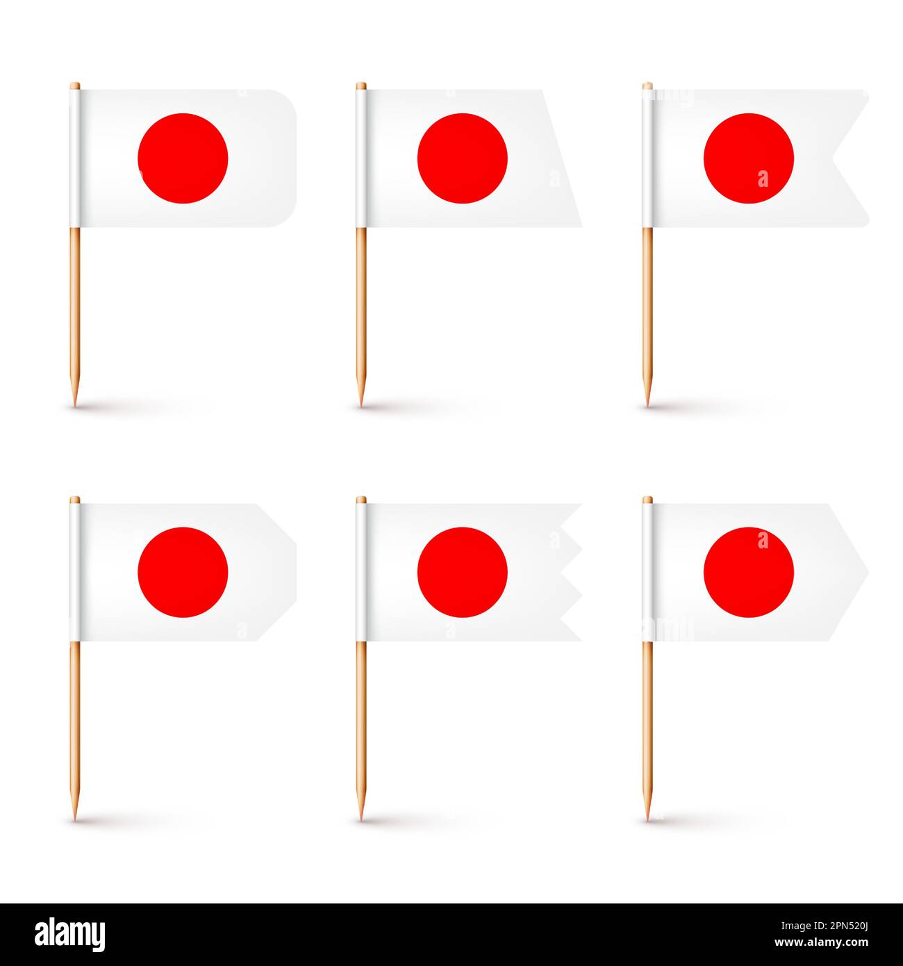 Realistic various Japanese toothpick flags. Souvenir from Japan. Wooden ...