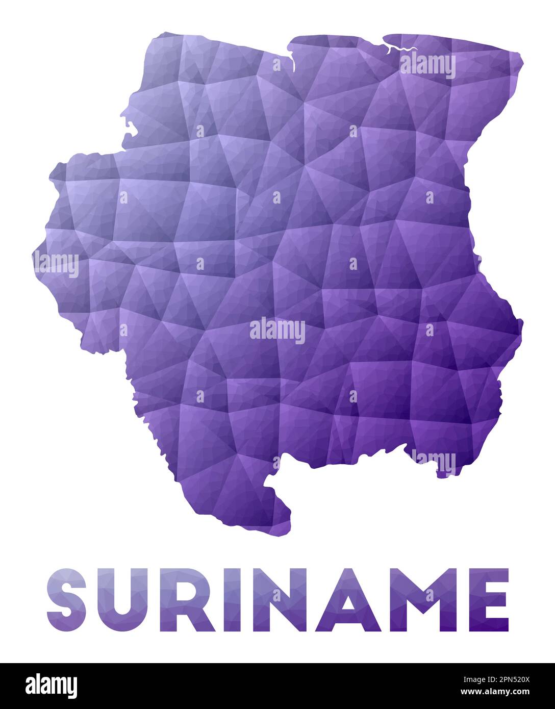 Map of Suriname. Low poly illustration of the country. Purple geometric design. Polygonal vector ...