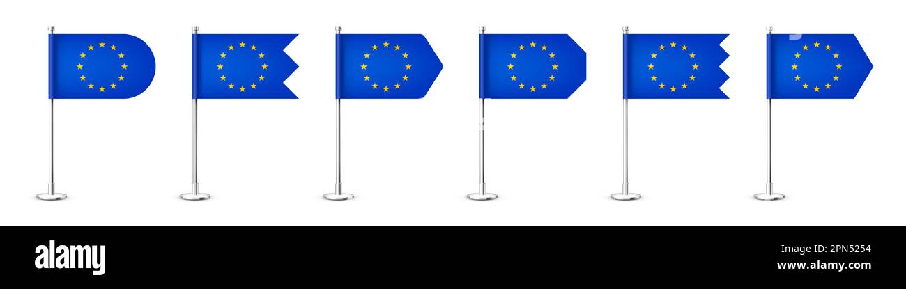 Realistic various European table flags on a chrome steel pole. Souvenir ...