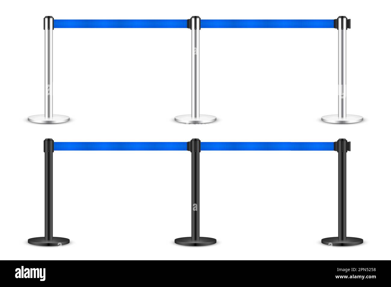 Realistic blue retractable belt stanchion. Crowd control barrier posts ...
