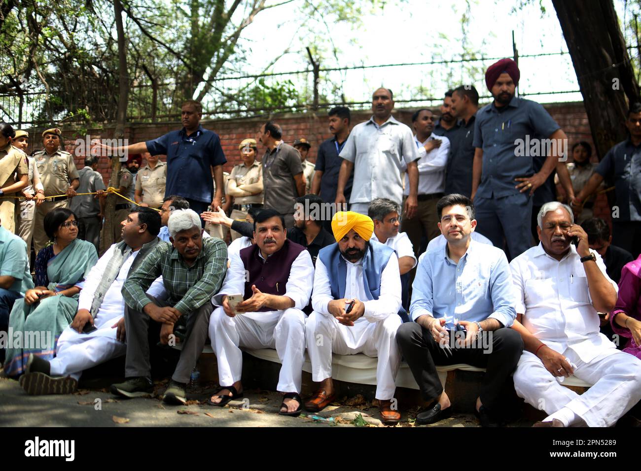 NEW DELHI, INDIA - APRIL 16: Punjab CM Bhagwant Mann, AAP MP Sanjay Singh, Raghav Chadha and ...