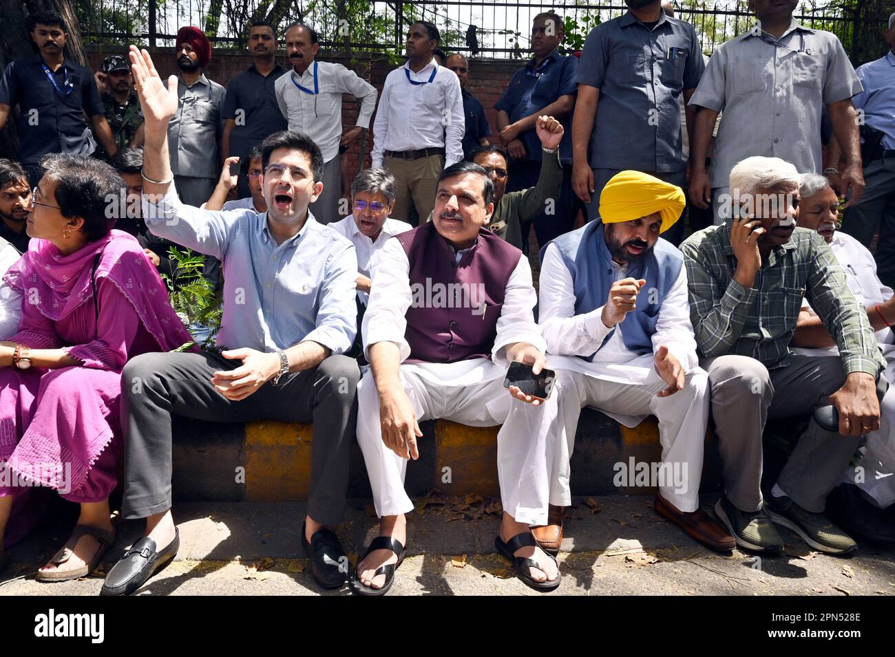 NEW DELHI, INDIA - APRIL 16: Punjab CM Bhagwant Mann, AAP MP Sanjay Singh, Raghav Chadha and ...