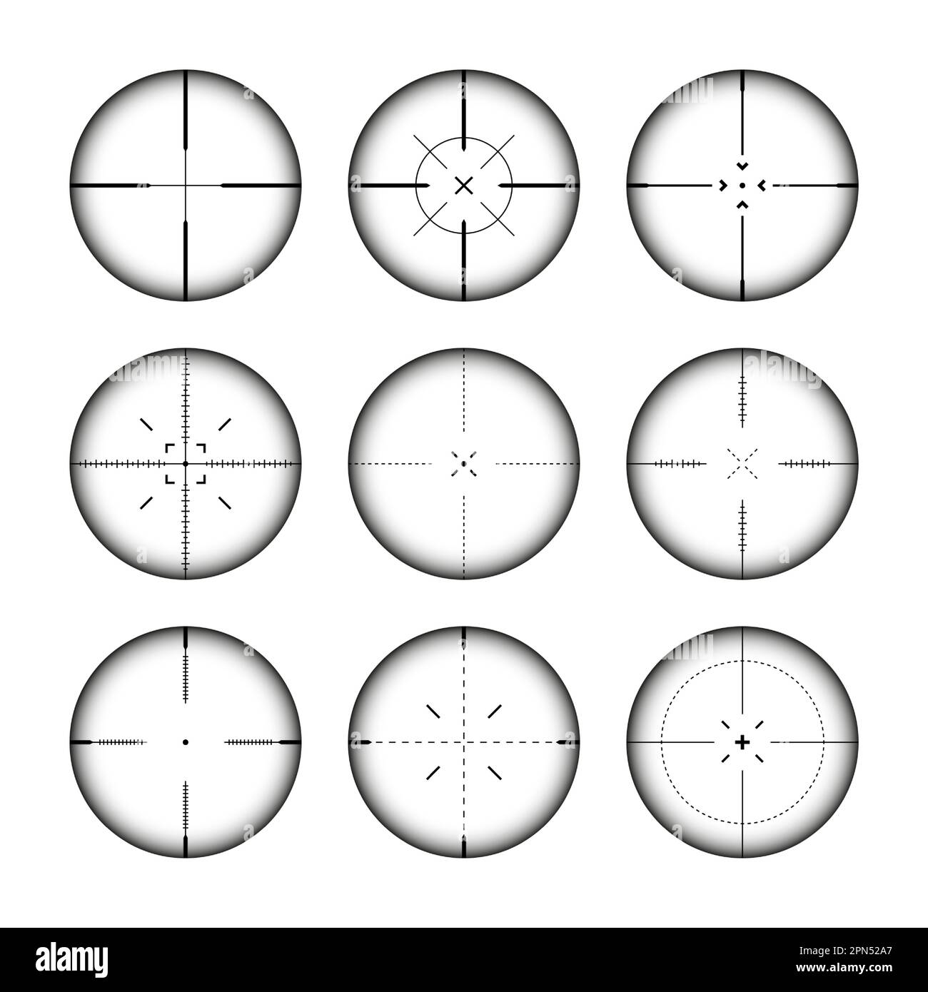 Various weapon sights, sniper rifle optical scopes. Hunting gun ...