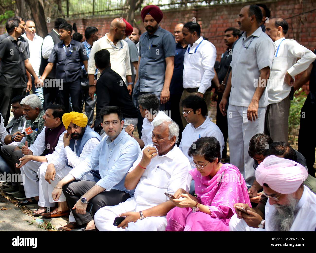 NEW DELHI, INDIA - APRIL 16: Punjab CM Bhagwant Mann, AAP MP Sanjay Singh, Raghav Chadha and ...