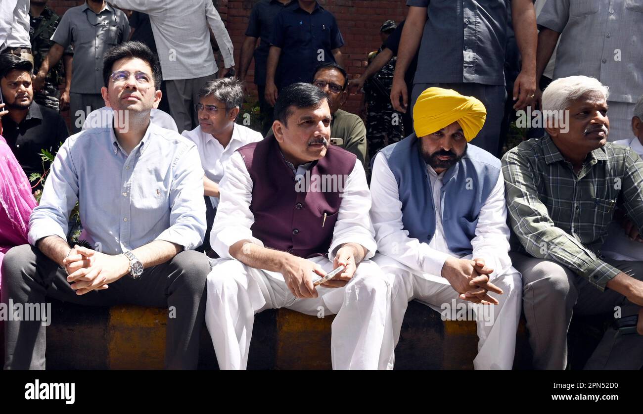 NEW DELHI, INDIA - APRIL 16: Punjab CM Bhagwant Mann, AAP MP Sanjay Singh, Raghav Chadha and ...