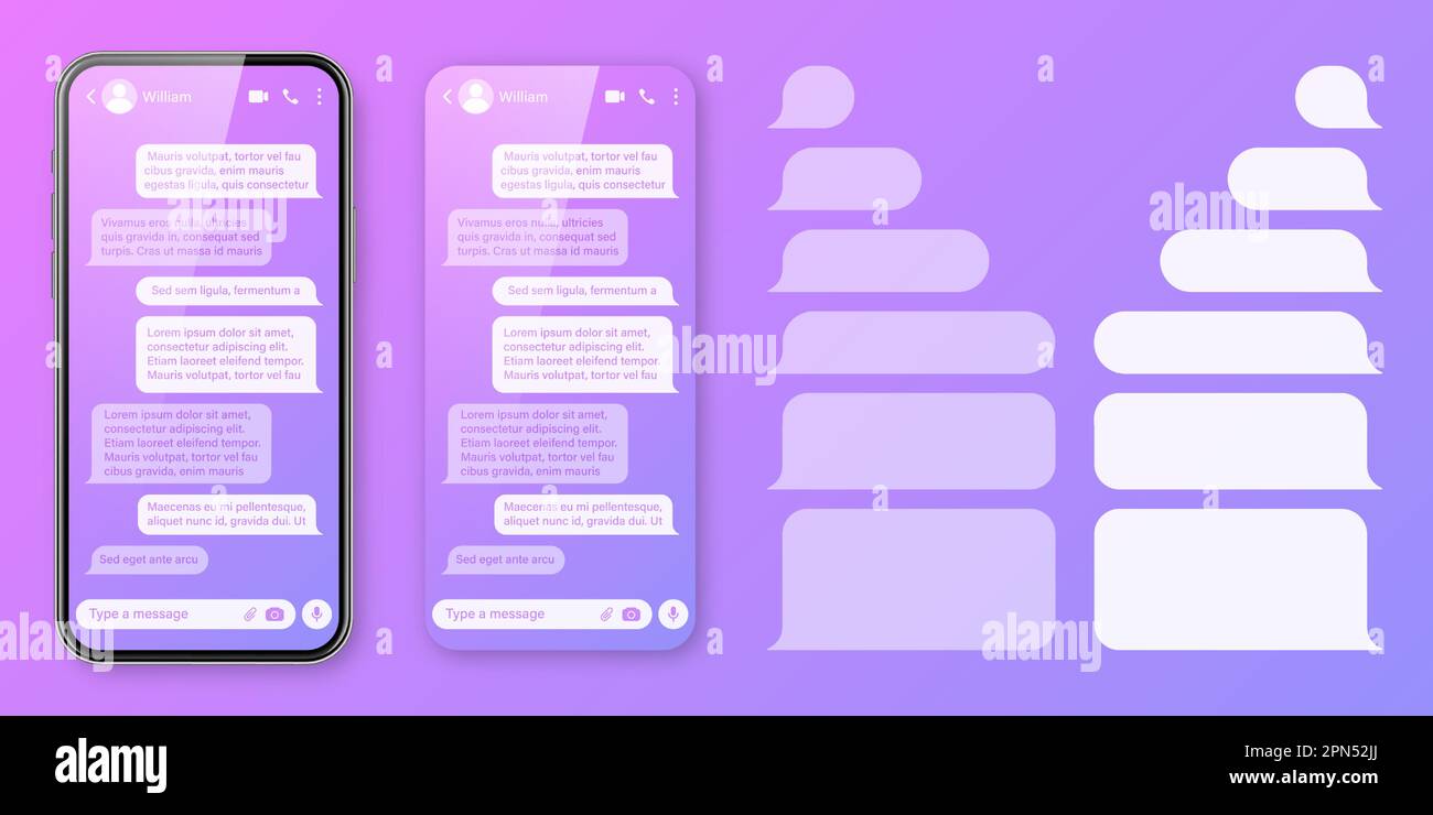 Realistic smartphone with messaging app on colorful violet background ...
