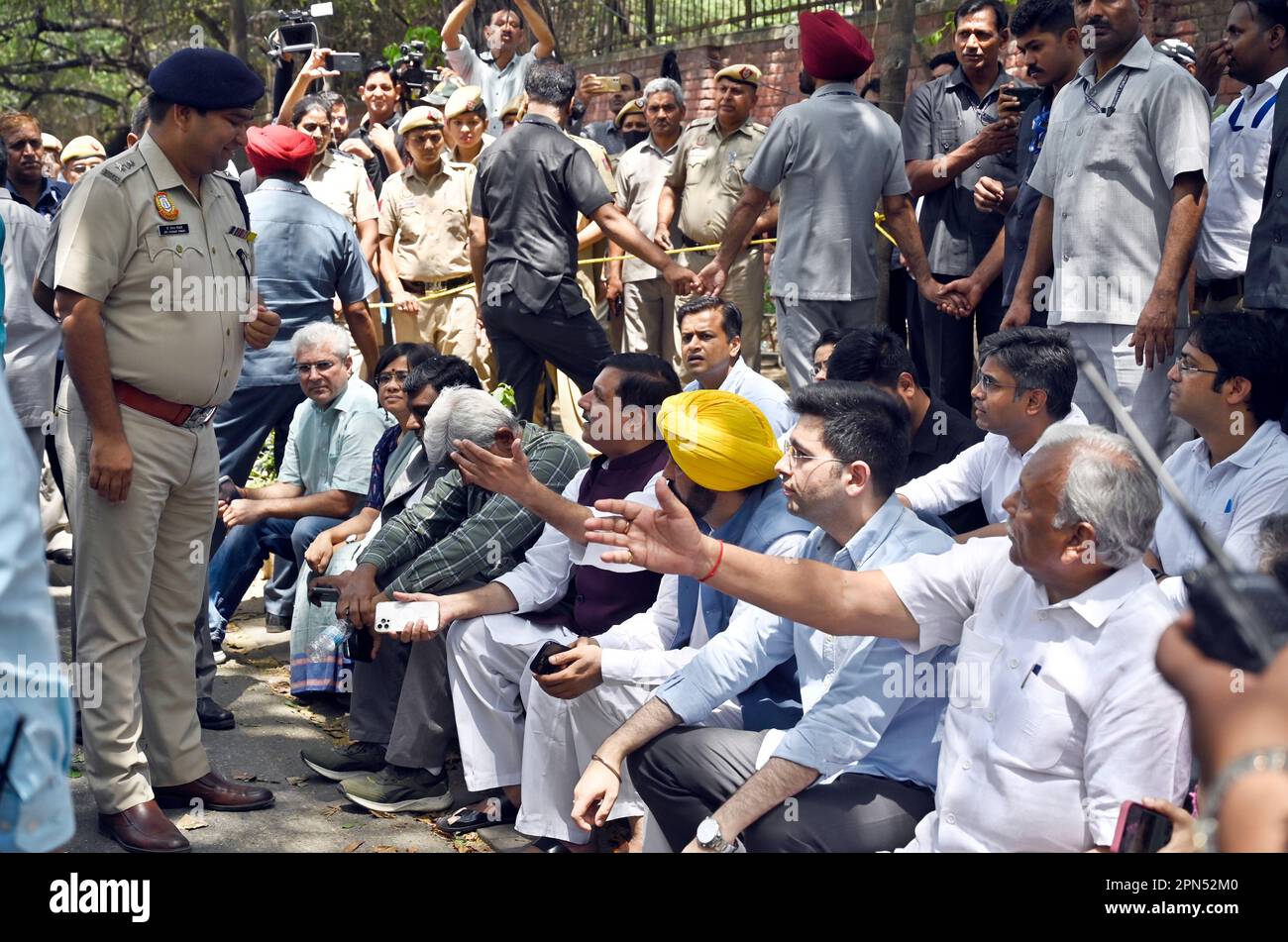 NEW DELHI, INDIA - APRIL 16: Punjab CM Bhagwant Mann, AAP MP Sanjay Singh, Raghav Chadha and ...