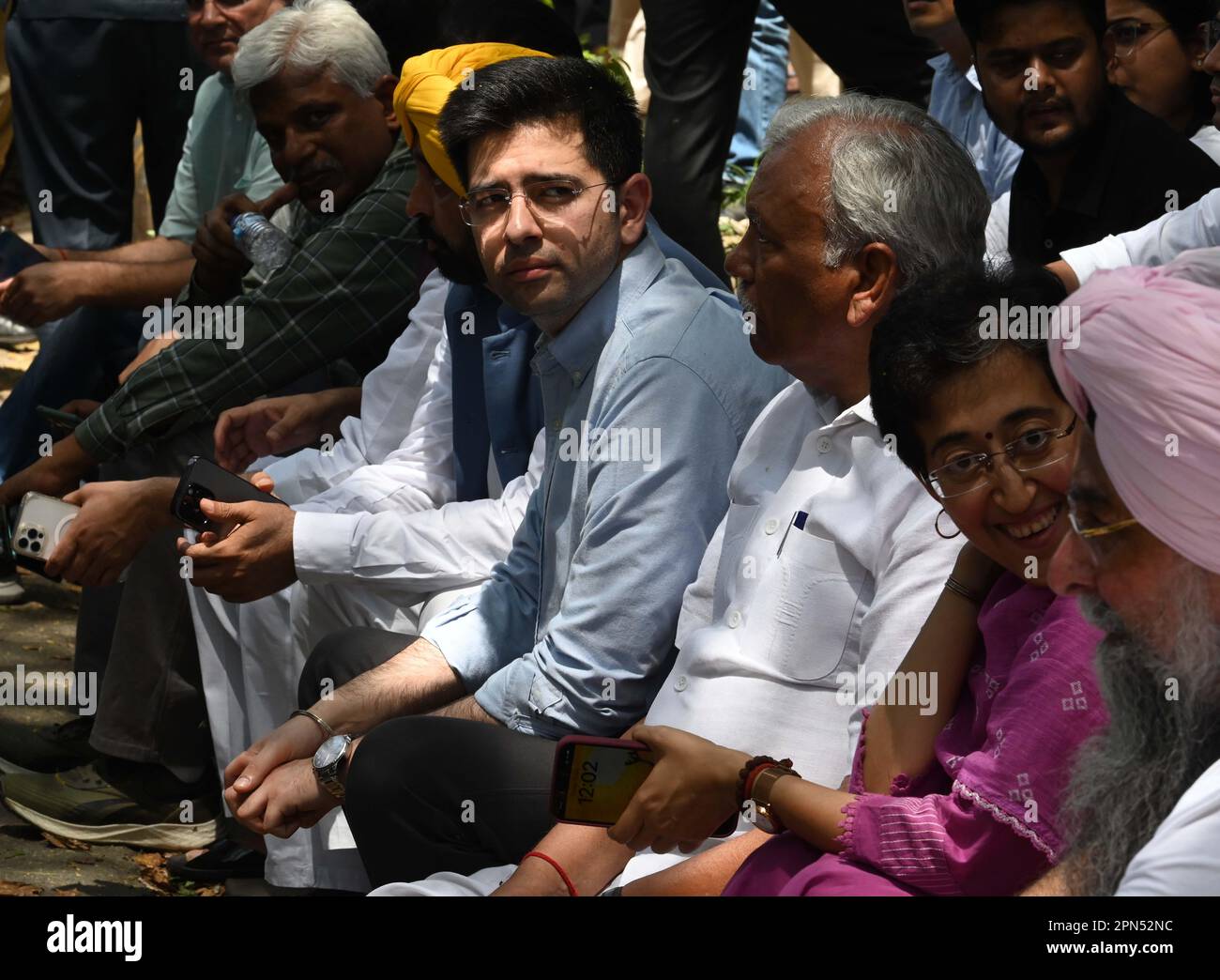 NEW DELHI, INDIA - APRIL 16: AAP leaders MP Sanjay Singh Punjab CM Bhagwant Maan and MP Raghav ...