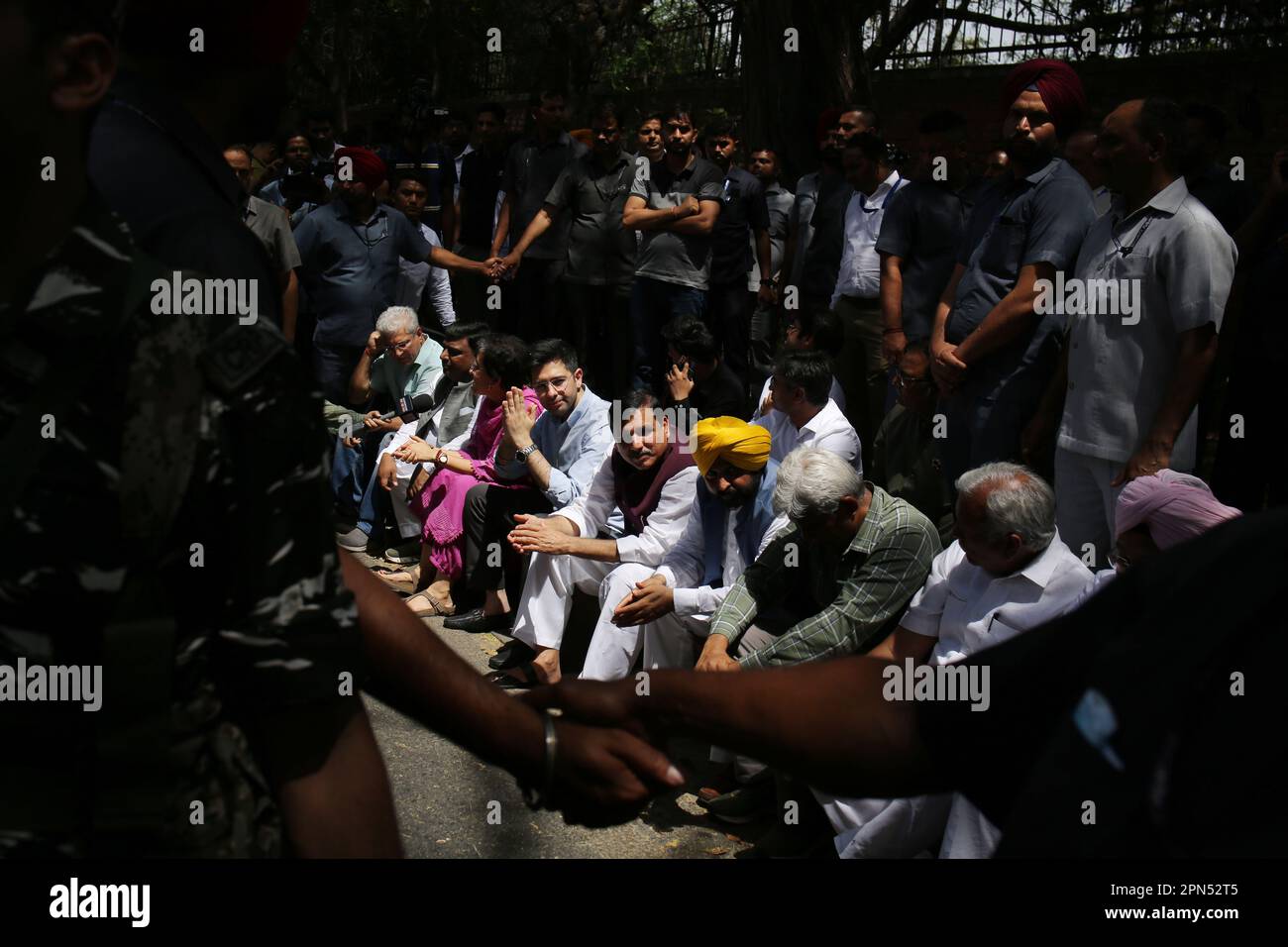 NEW DELHI, INDIA - APRIL 16: Punjab CM Bhagwant Mann, AAP MP Sanjay Singh, Raghav Chadha and ...