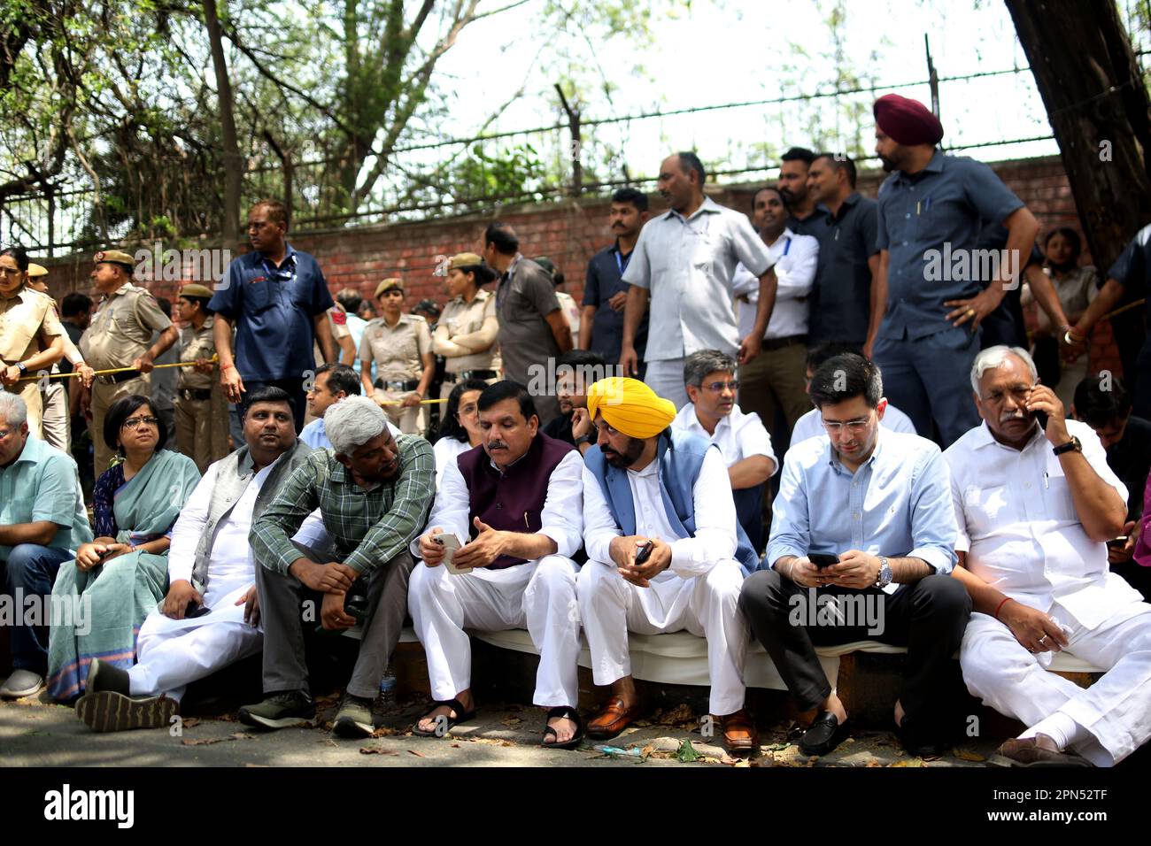 NEW DELHI, INDIA - APRIL 16: Punjab CM Bhagwant Mann, AAP MP Sanjay Singh, Raghav Chadha and ...