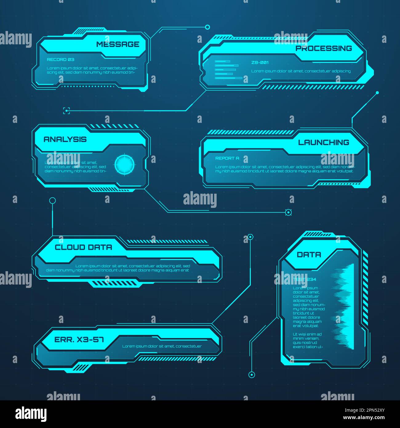Blue futuristic HUD or UI elements. Sci-fi user interface text boxes, callouts. Warning message ...