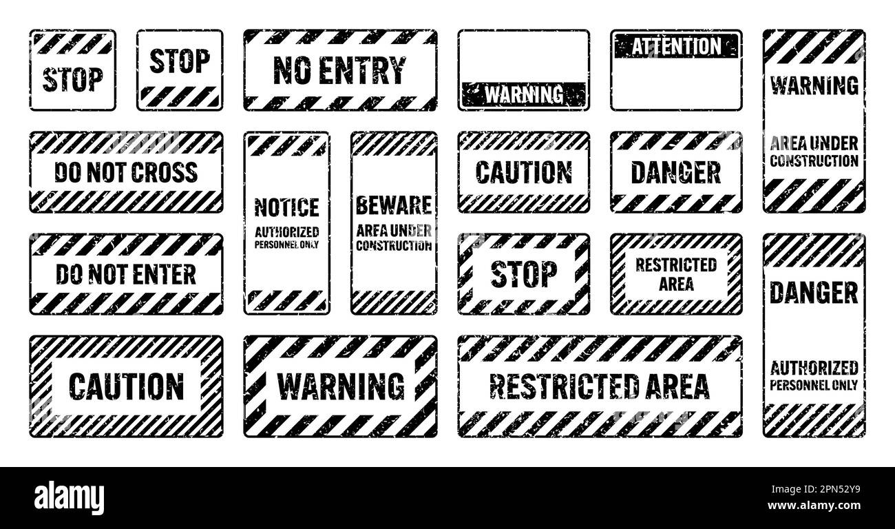 Various black grunge warning signs with diagonal lines. Old attention ...