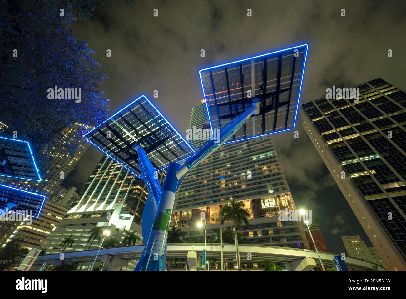 Modern urban street neon illumination with solar photovoltaic panels ...
