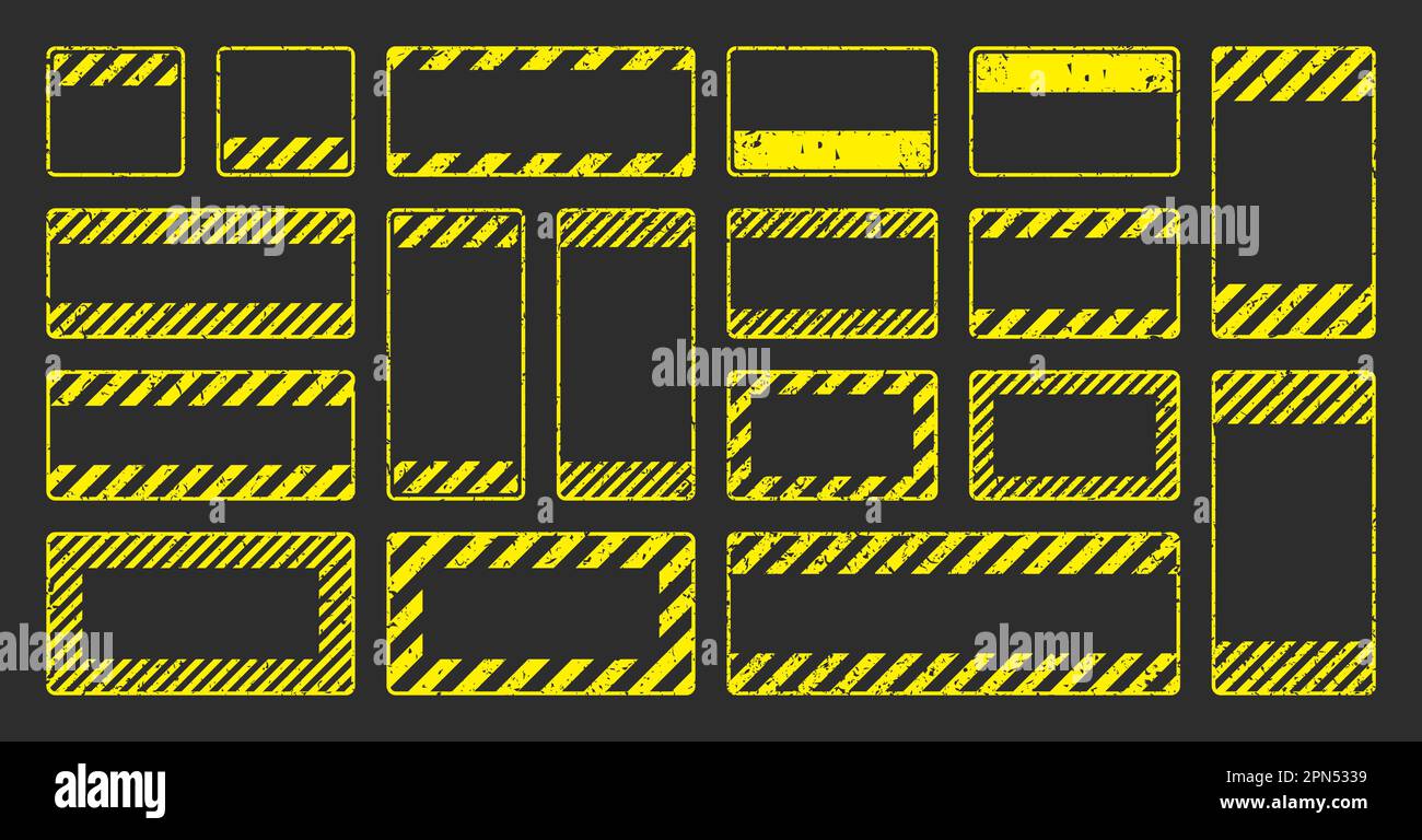 Various yellow grunge warning signs with diagonal lines. Old attention ...