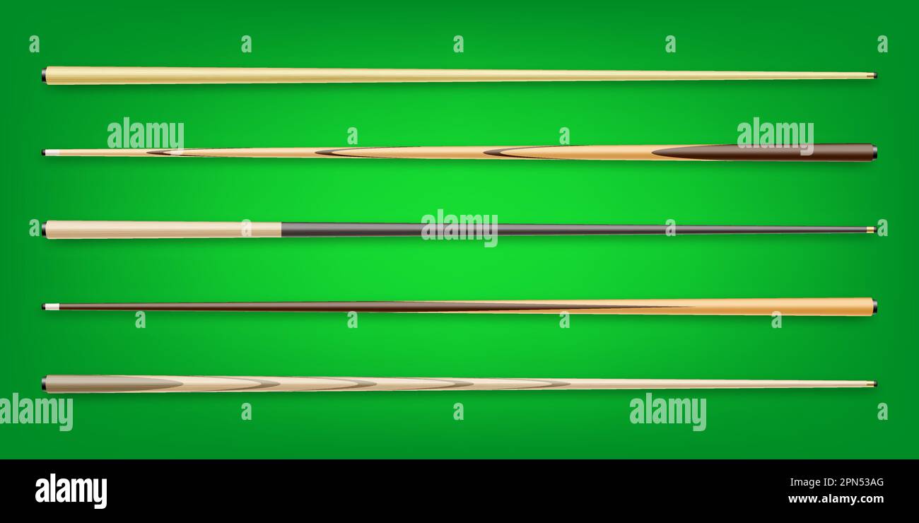 Various wooden billiard cues on green background. Snooker sports ...