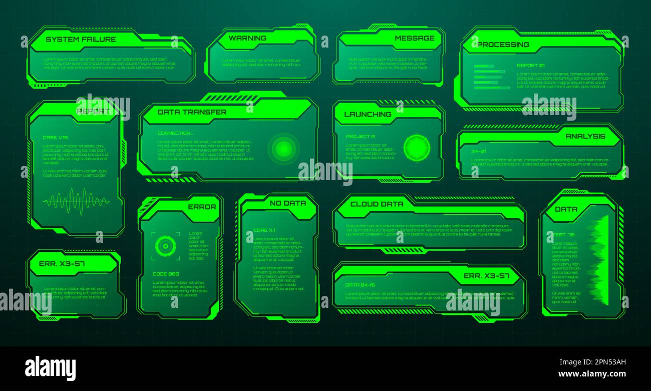 Green futuristic HUD, UI elements. Sci-fi user interface text boxes ...
