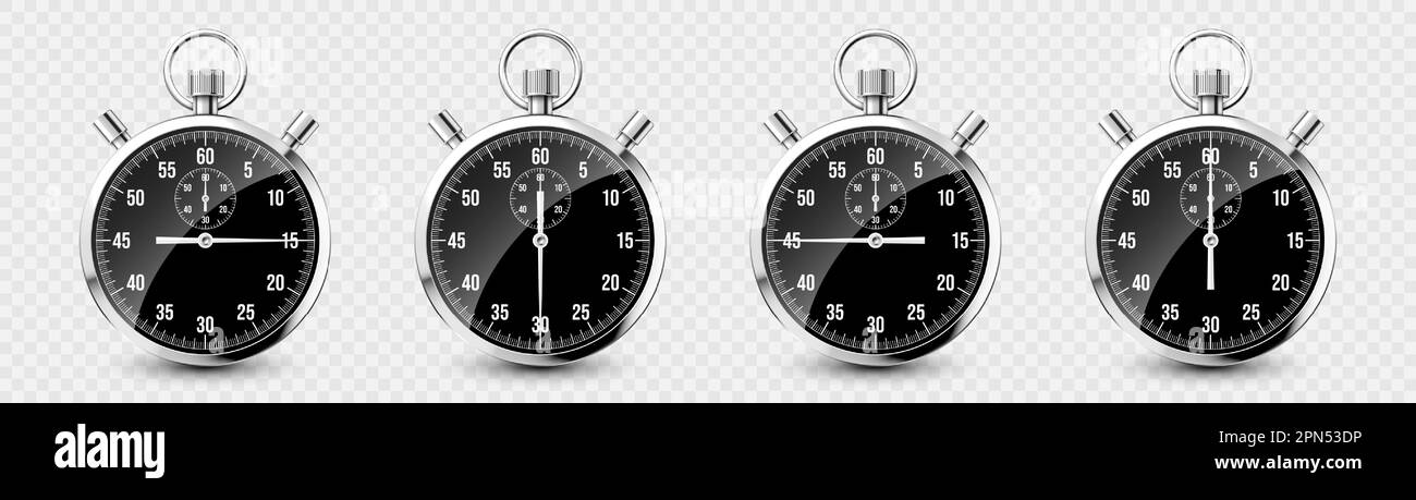 Realistic classic stopwatch. Shiny metal chronometer, time counter with ...