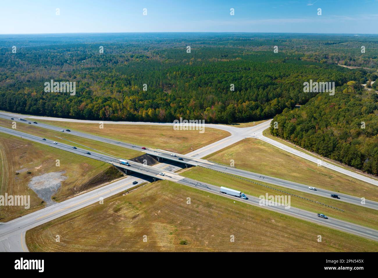 View from above of busy american highway with fast moving traffic ...