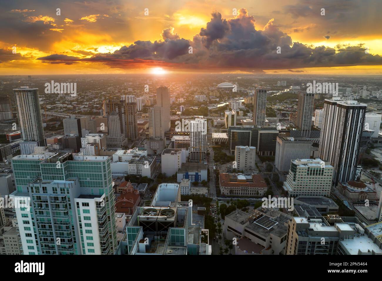 View from above of concrete and glass skyscraper buildings in downtown ...