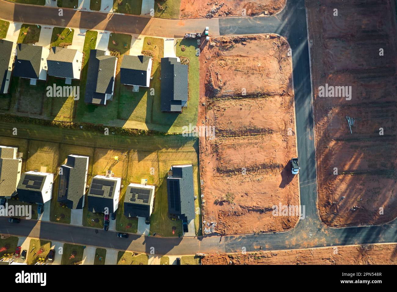View from above of densely built residential houses under construction ...
