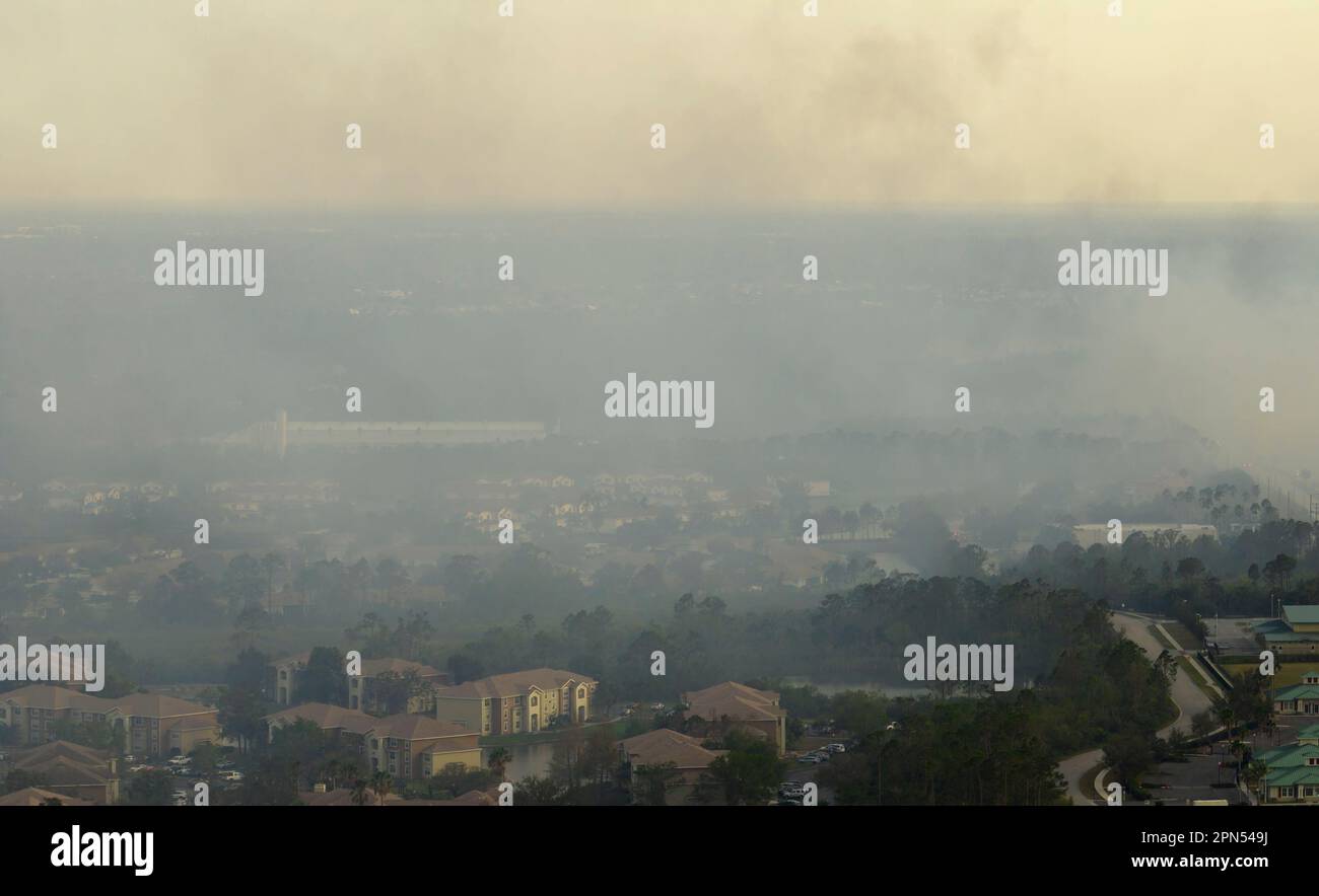View from above of lagre wildfire burning severely in North Port city ...