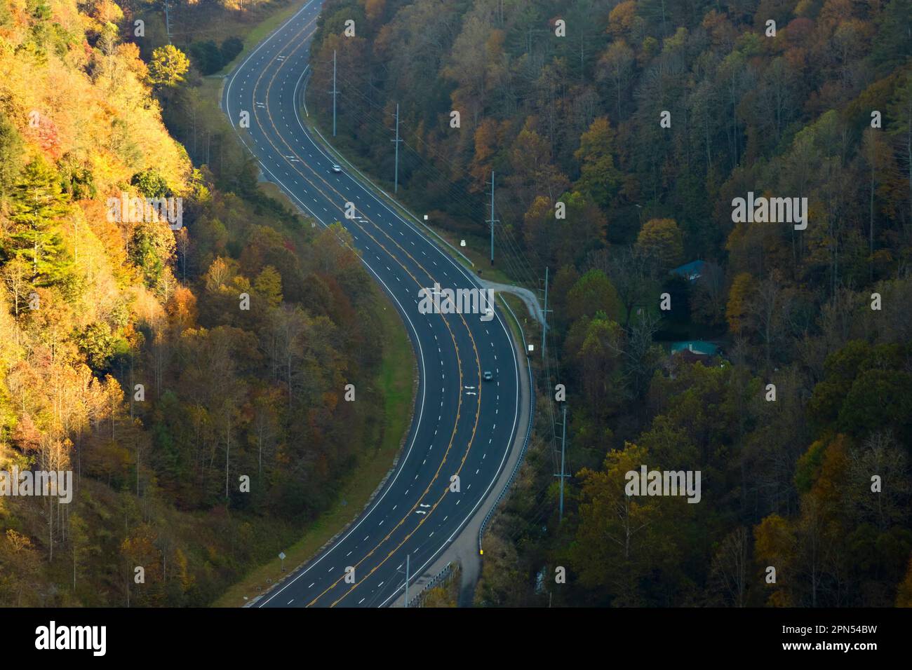 View from above of national freeway route in North Carolina leading ...