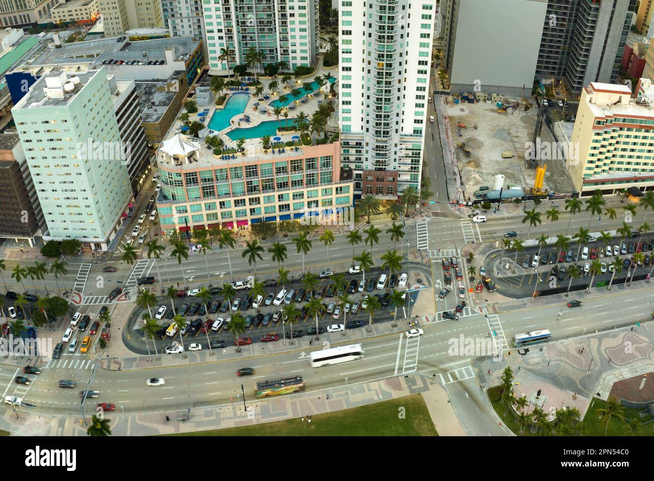 View from above of street traffic and skyscraper buildings in downtown ...