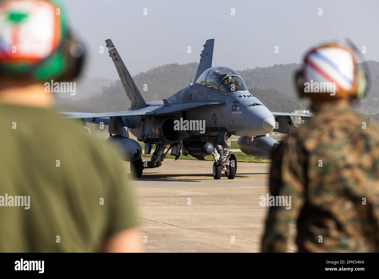 A U.S. Marine Corps F/18D Hornet aircraft with Marine Fighter Attack ...