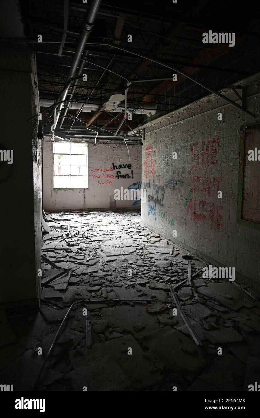 A dark hallway filled with graffiti and debris from a fallen ceiling in ...